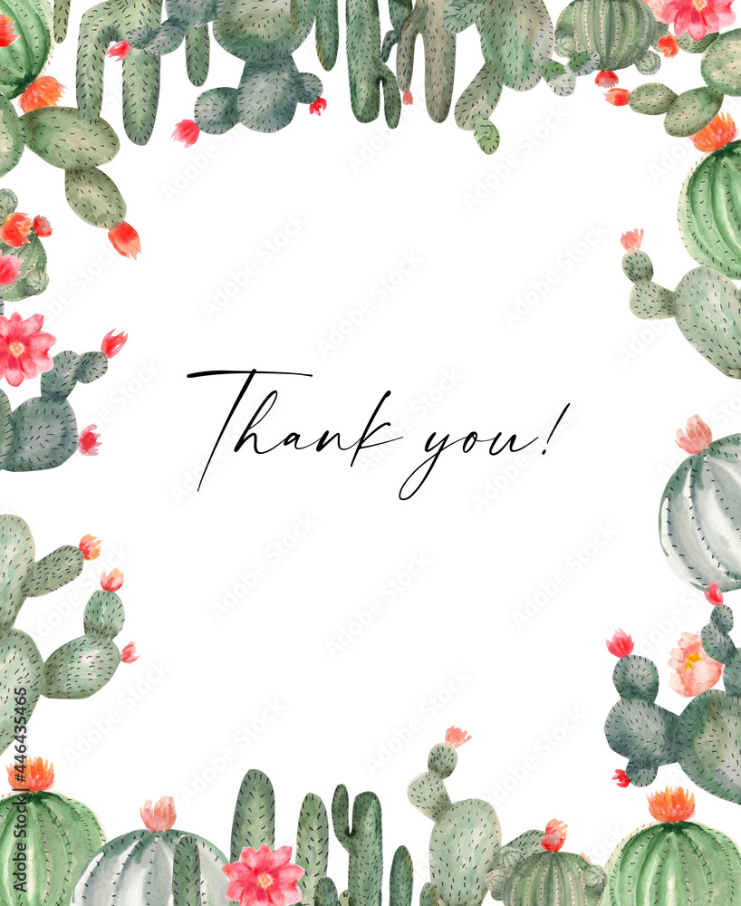 Watercolor cactus template. Frame for text, photo. Wild green cactus ...