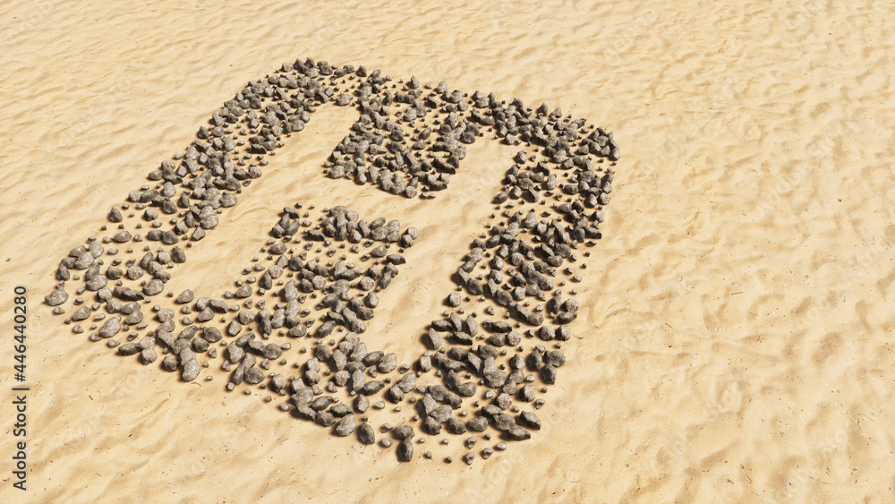Concept conceptual stones on beach sand handmade symbol shape, golden ...