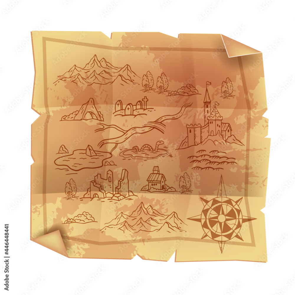 Old vintage parchment map, antique papyrus cartography treasure ...