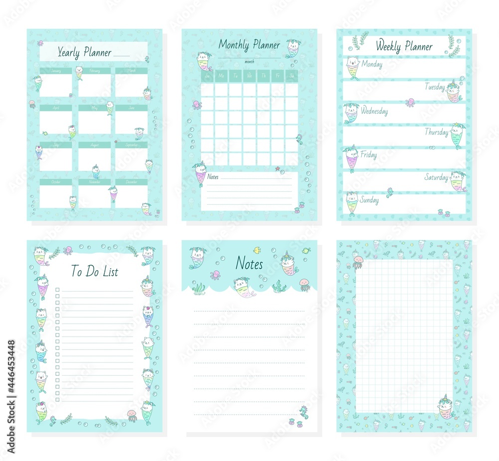 Set of cute planner page templates. Kawaii yearly, monthly, weekly and ...