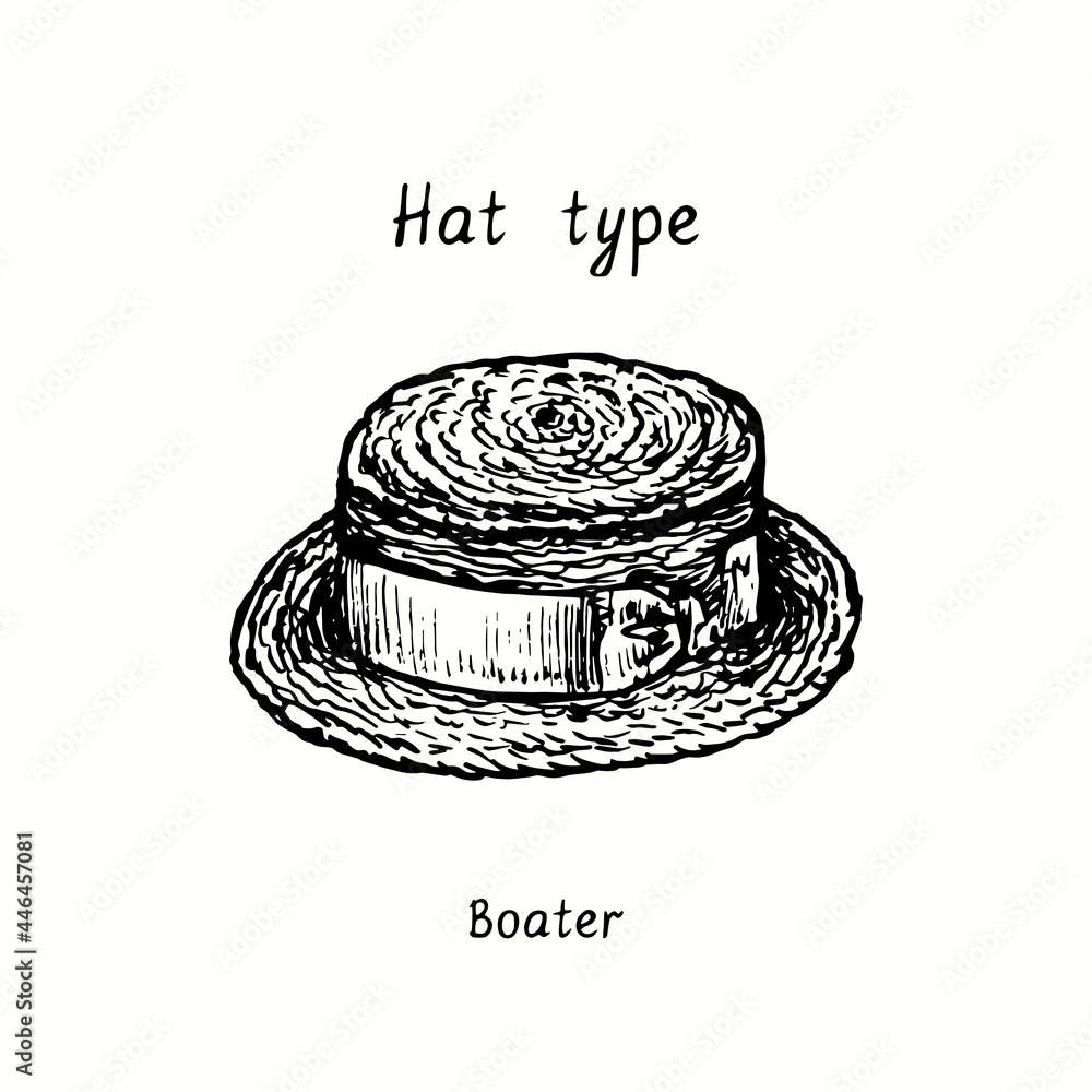 Hat type, boater. Ink black and white drawing outline illustration ...