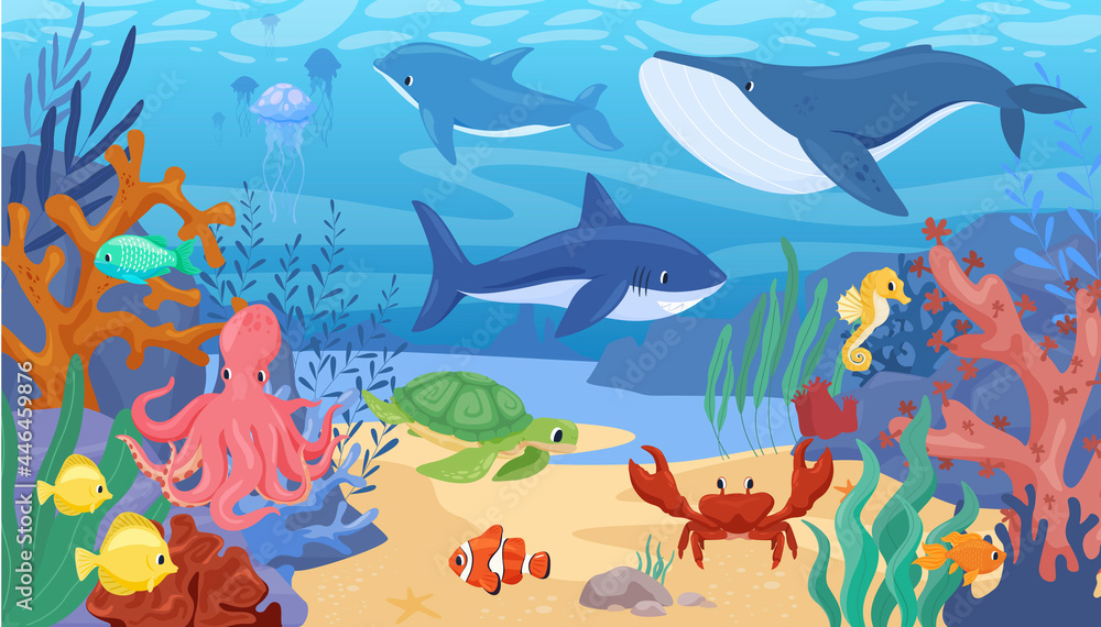 Colorful cartoon sea animals underwater panorama vector flat ...