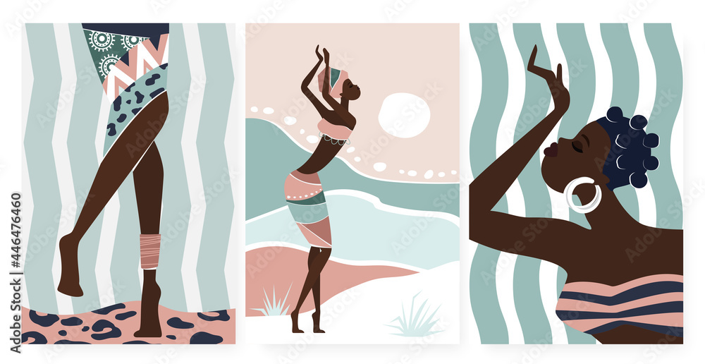 African boho people dance, wall art vector illustration set. Abstract ...