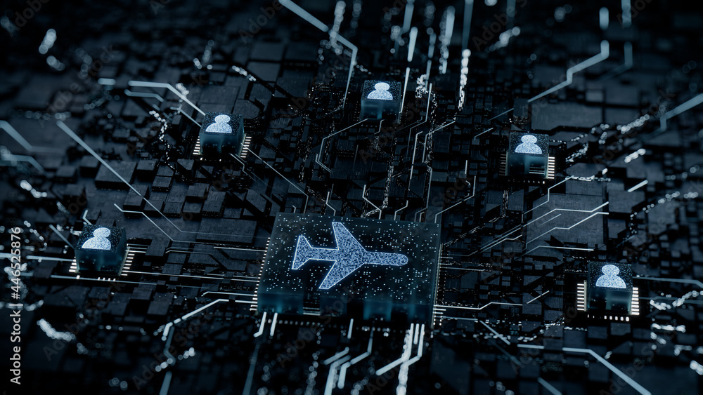 Flight Technology Concept with airplane symbol on a Microchip. White ...