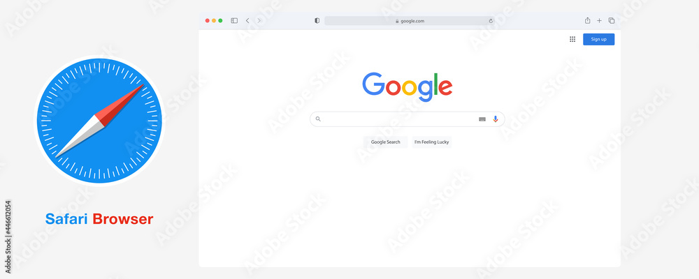 Safari browser. Apple Safari web browser. Editorial illustration. Web window mockup in light ...