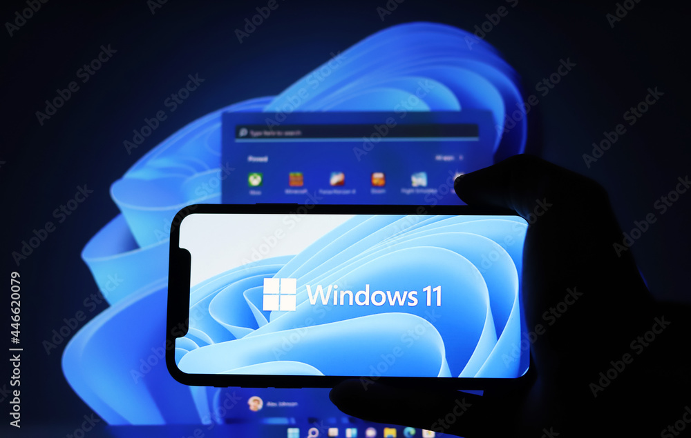 New Microsoft Windows 11 on computer screen and Windows 11 logo on ...