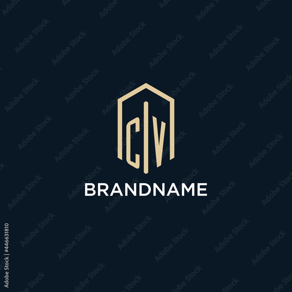 CV initial monogram logo with hexagonal shape style, real estate logo ...