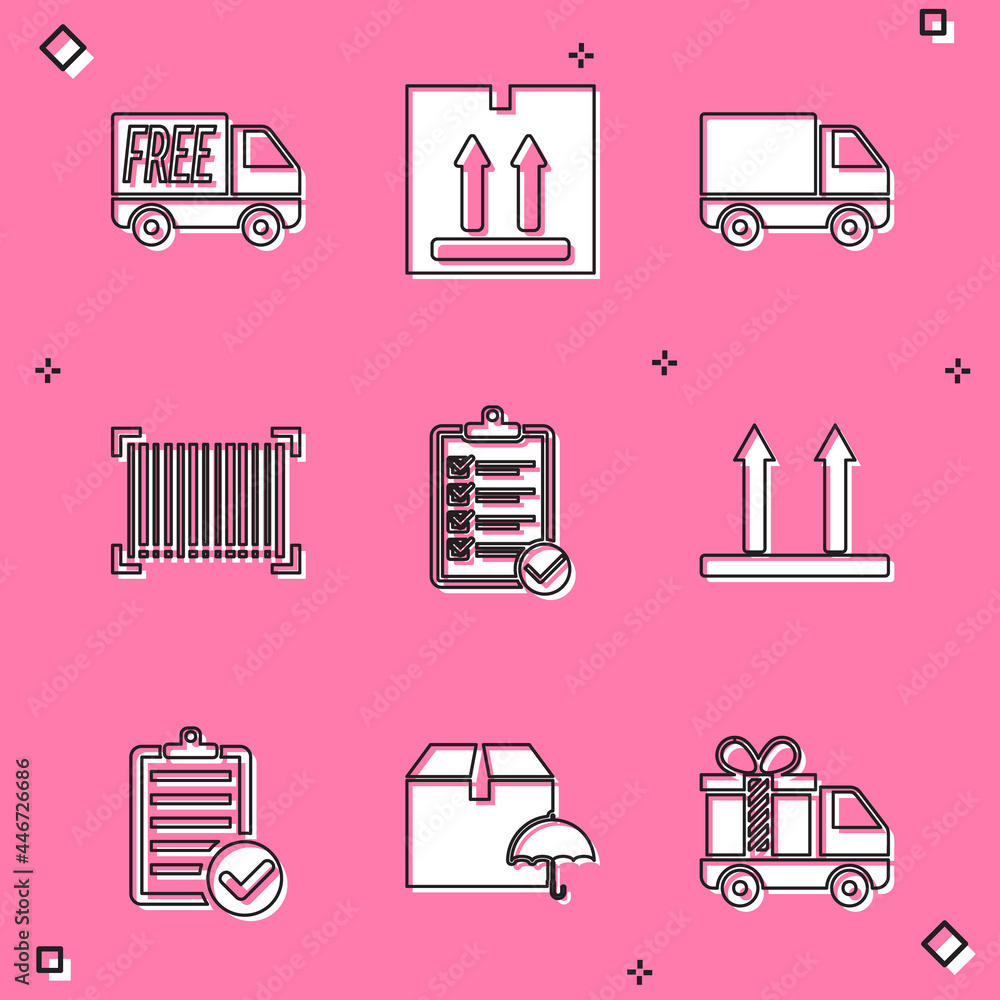 Set Free delivery service, Cardboard box with traffic, Delivery cargo truck vehicle, Barcode ...