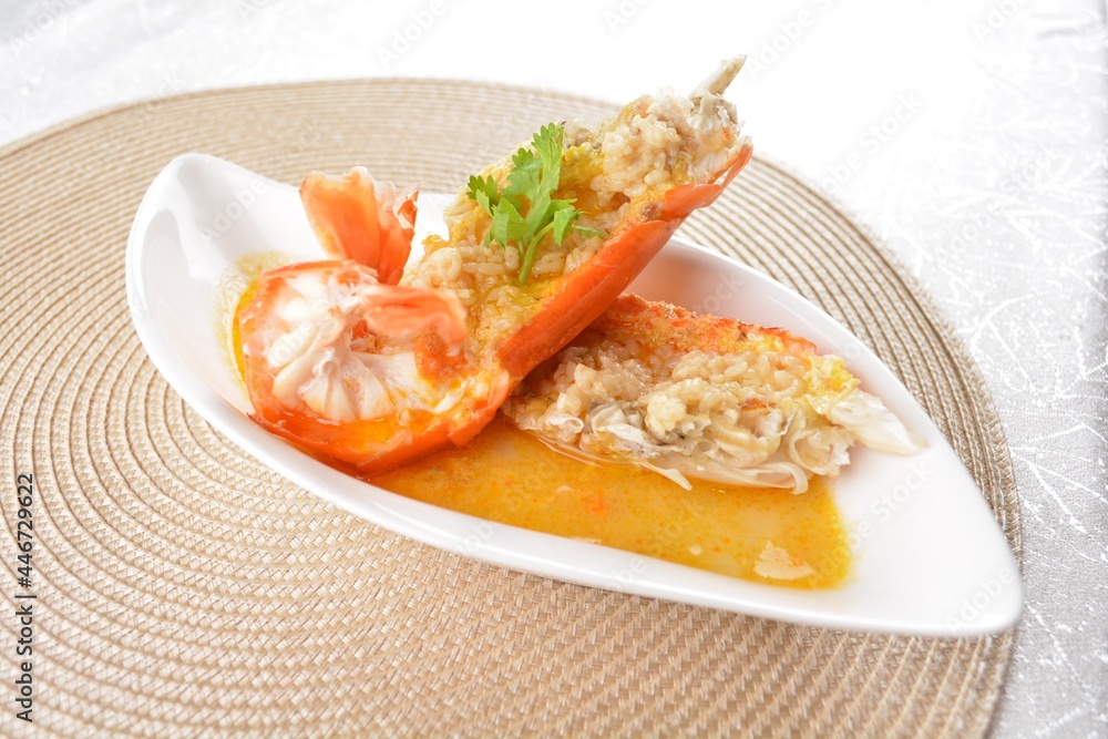 poached big fresh tiger prawn seafood with chinese herb and wine sauce ...