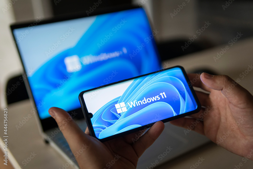 Windows 11 logo seen displayed on a smartphone. It is a major version ...