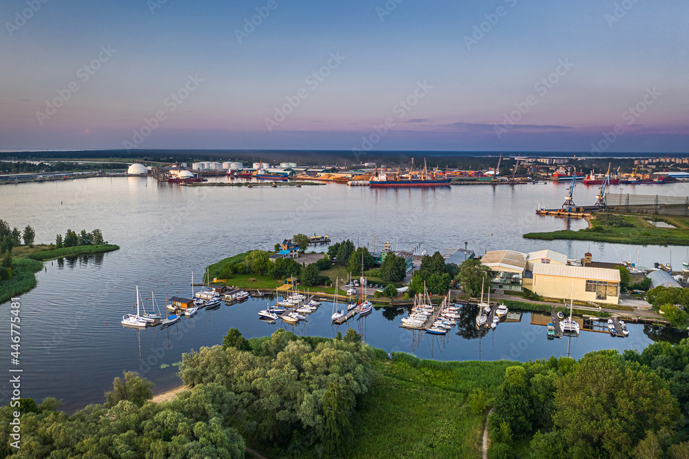 Riga port loading terminal with container ships. Boats and yachts ...