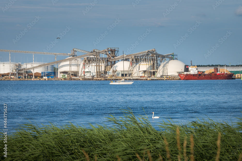 Riga port loading terminal with container ships. Boats and yachts ...
