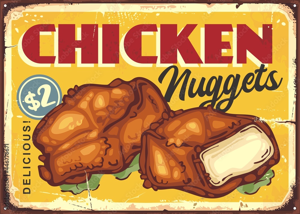 Chicken nuggets fried food menu advertisement. Retro sign with crispy ...