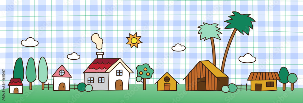 Countryside Rural Cottage Cute House Pine Tree Palm Tree Outline Flat ...