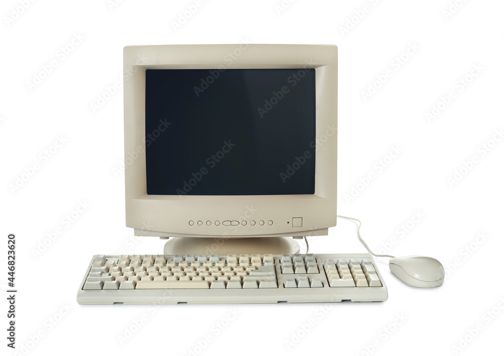 Old computer monitor, keyboard and mouse on white background Stock ...