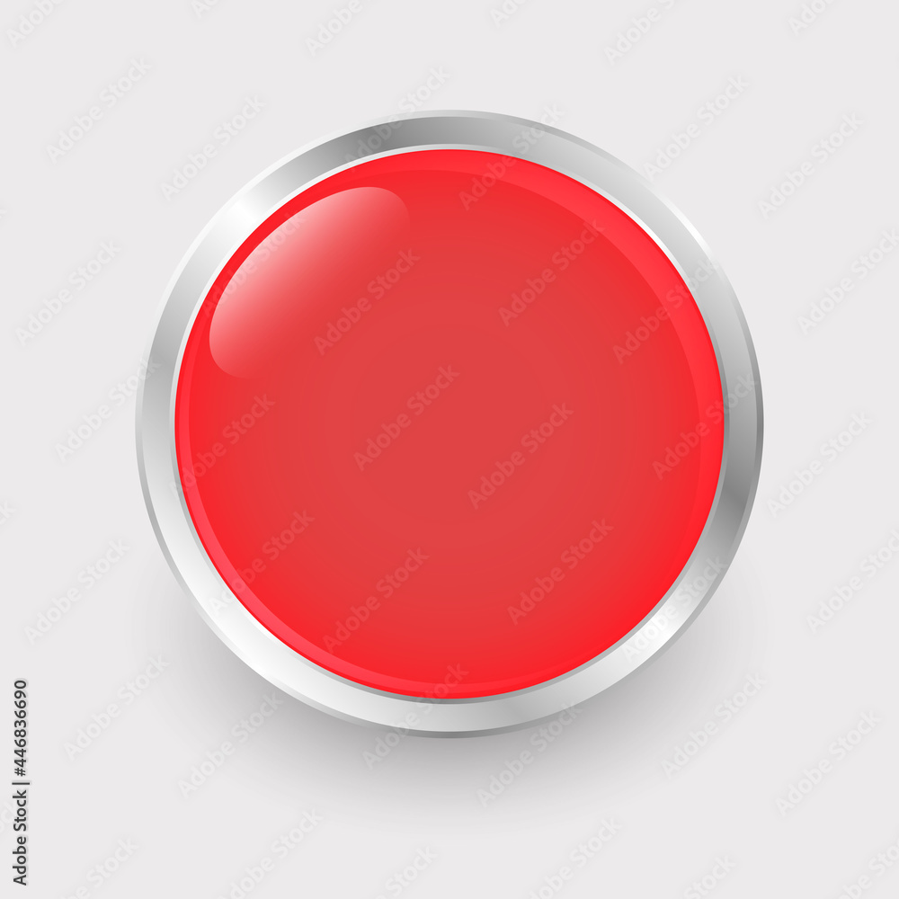 Round red button with lens flare effect and chrome border. Red and ...