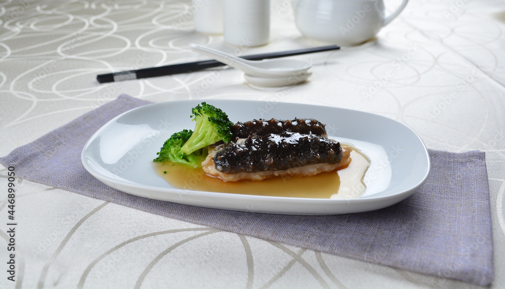 braised cook whole sea cucumber with vegetable in special chef oyster ...
