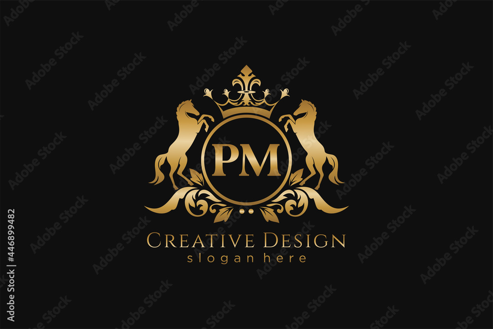 initial PM Retro golden crest with circle and two horses, badge ...