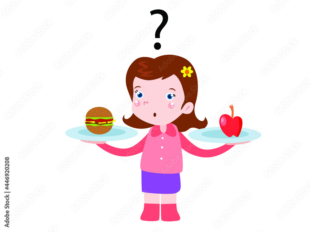 Girl confuse to decide eating junk food or healthy food 2D cartoon ...