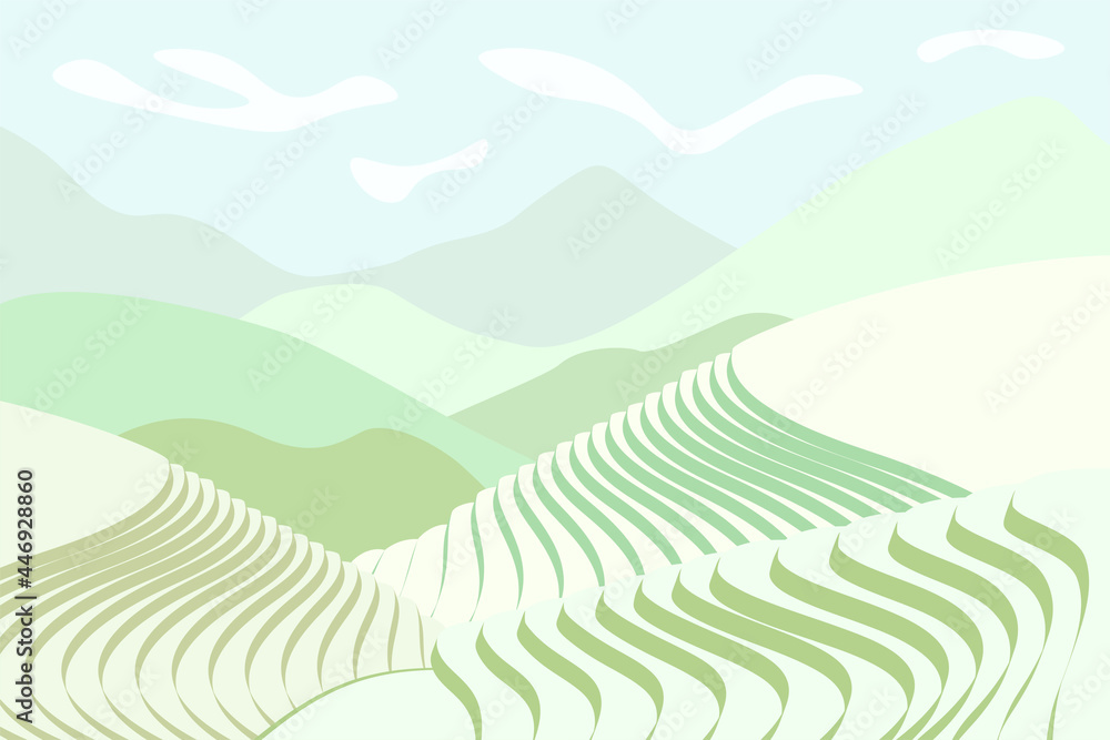 Rice field poster. Chinese agricultural terraces in mountains landscape ...