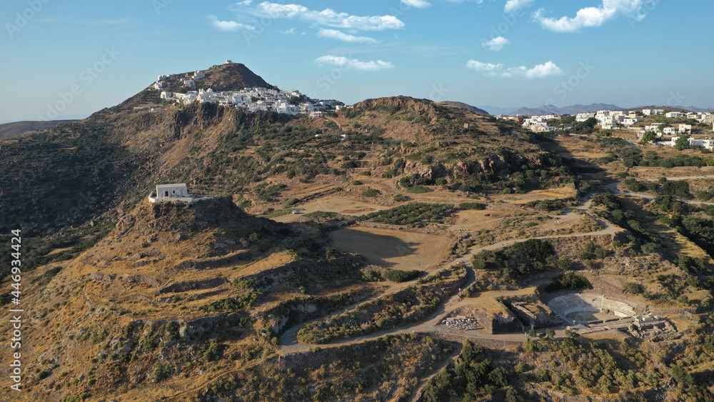 Aerial drone photo of iconic ancient theatre of Milos overlooking the ...