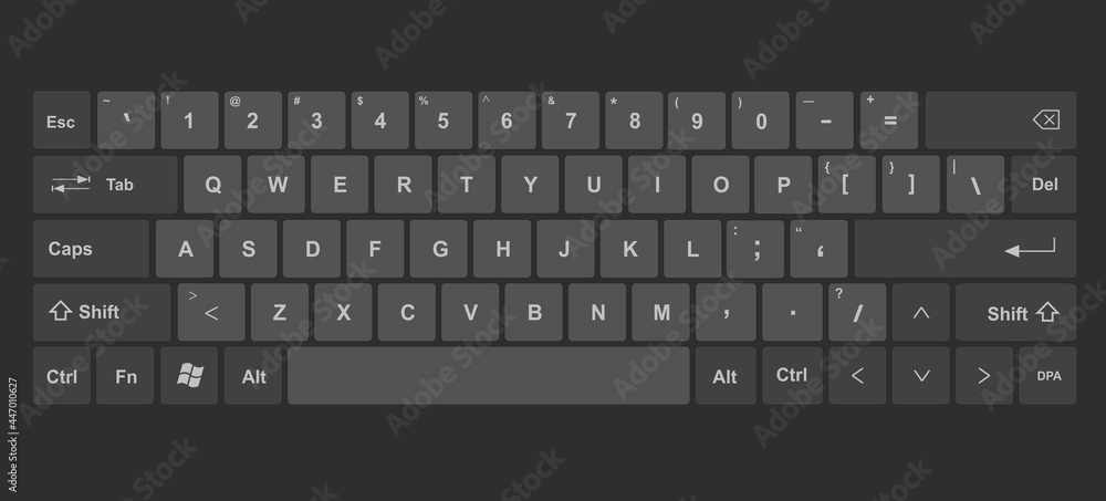 Keyboard with black and dark gray keys, and all symbols, letters of the ...