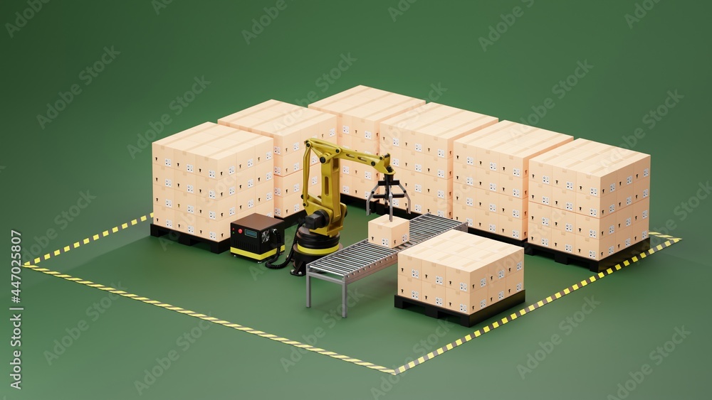 Robotic arm loading cartons on pallet. Boxes on conveyor of manufacture ...