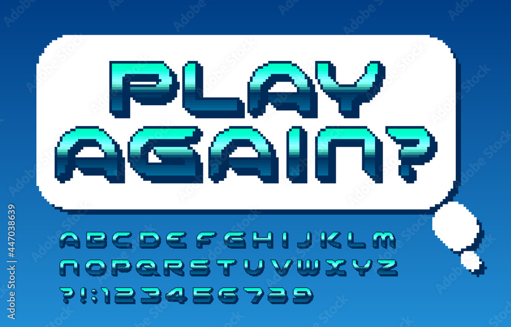 Play Again alphabet font. Pixel letters and numbers in 80s video game ...