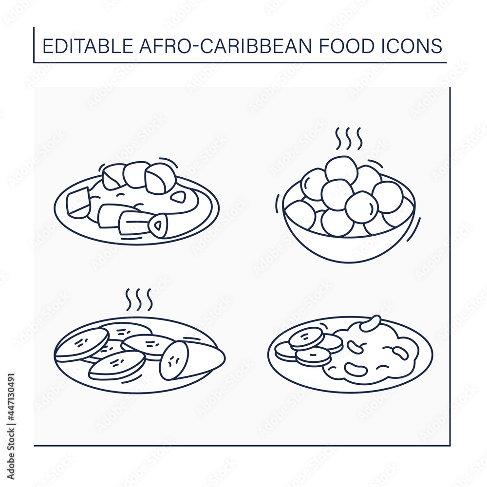 Afro-Caribbean food line icons set. Jollof oxtail, fried plantain, ewa ...