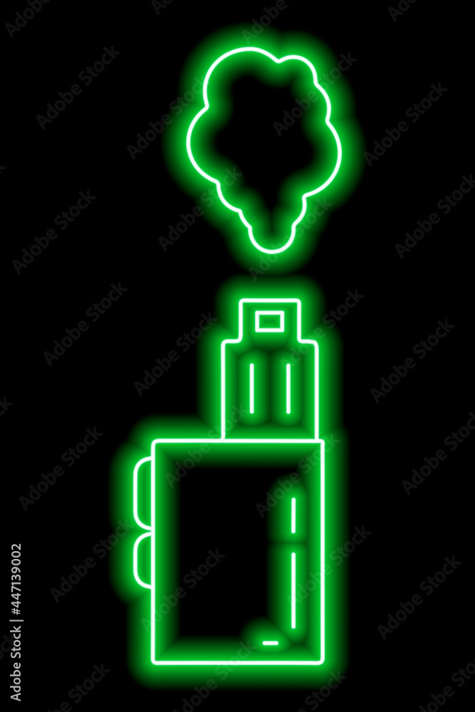 Silhouettes of electronic vape with steam on a black background. Green ...