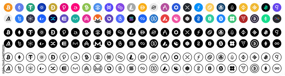 Cryptocurrency logos and symbols. Set of cryptocurrency token logo ...