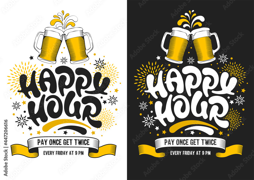 Happy Hour. Poster template with unusual hand drawn calligraphy ...