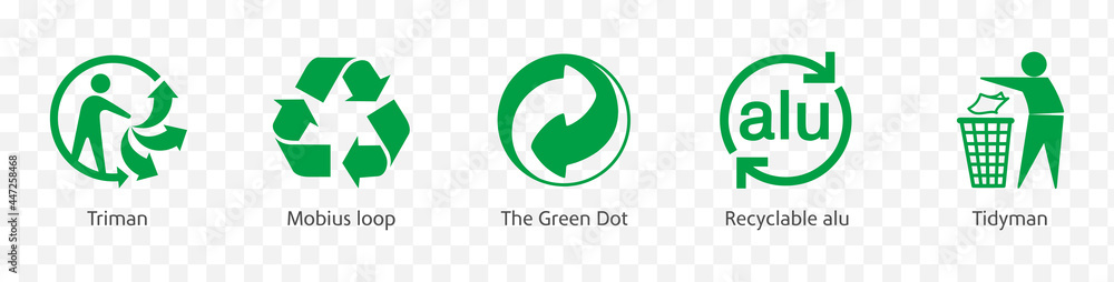 Green recycling icons vector set. Packaging ecology symbols, product label signs : Triman ...