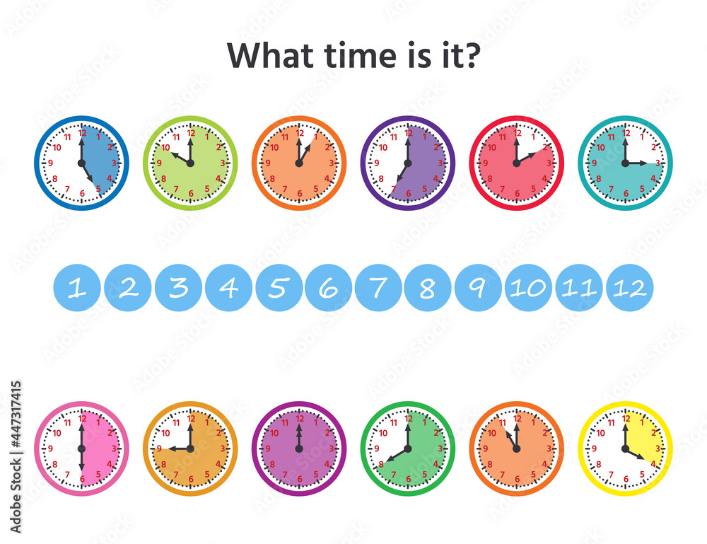 Game for kids early Montessori training. Determine by the hour what ...