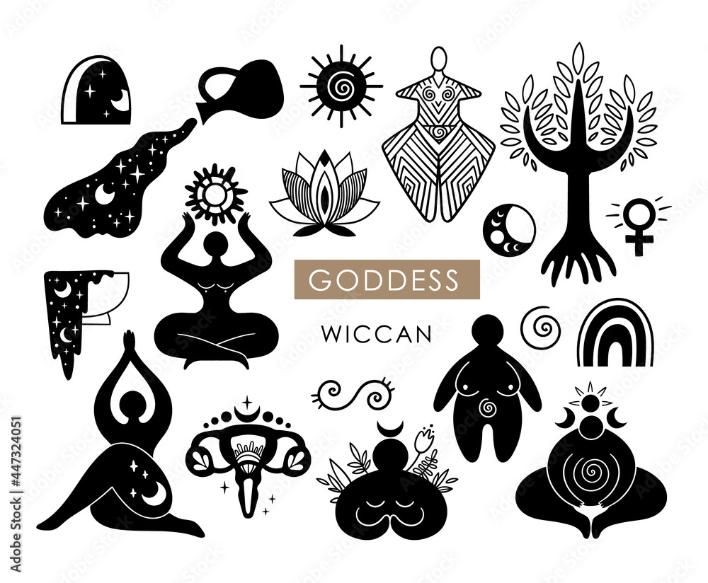 Mystical celestial and solar spiral goddess isolated cliparts bundle ...
