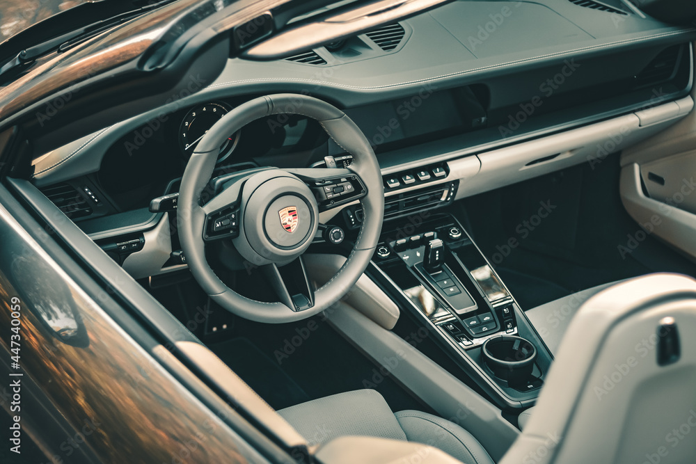 Porsche 992 Carerra 4s Cabriolet 911 interior cockpit view, steering ...