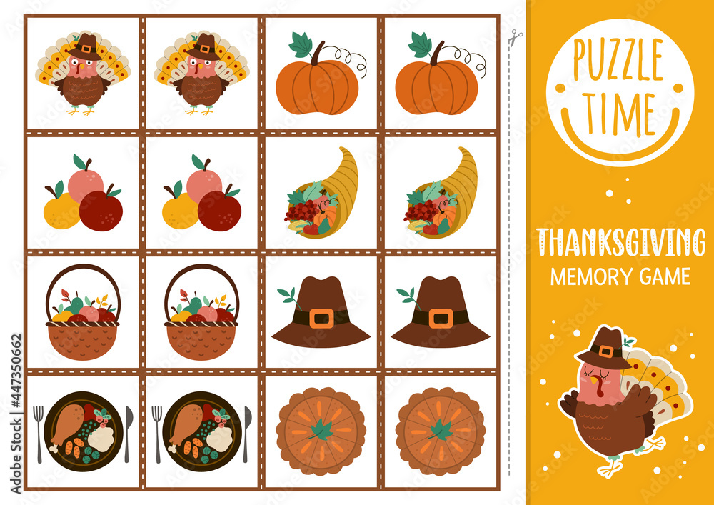 Vector Thanksgiving memory game cards with cute traditional holiday ...
