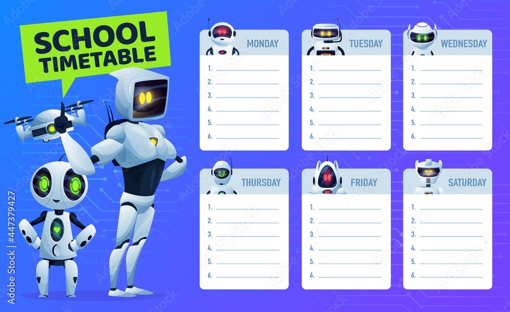 School timetable schedule with robots and drone, vector kids education ...
