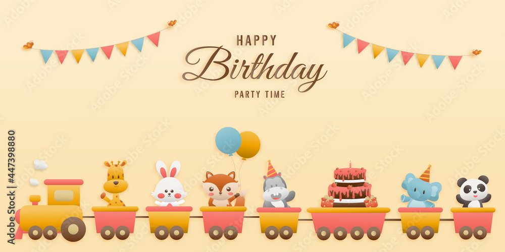 Cute jungle animal on train birthday greeting card. jungle animals ...
