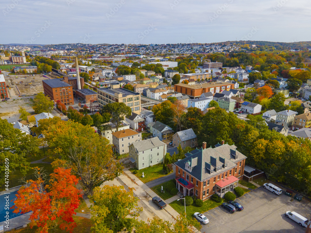 Aerial view of historic downtown Worcester with fall foliage in city of ...