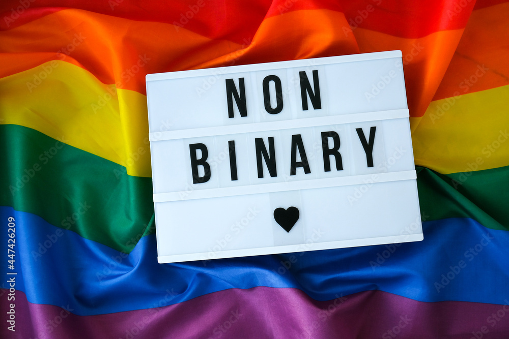 Rainbow flag with lightbox and text NON BINARY. Rainbow lgbtq flag made ...
