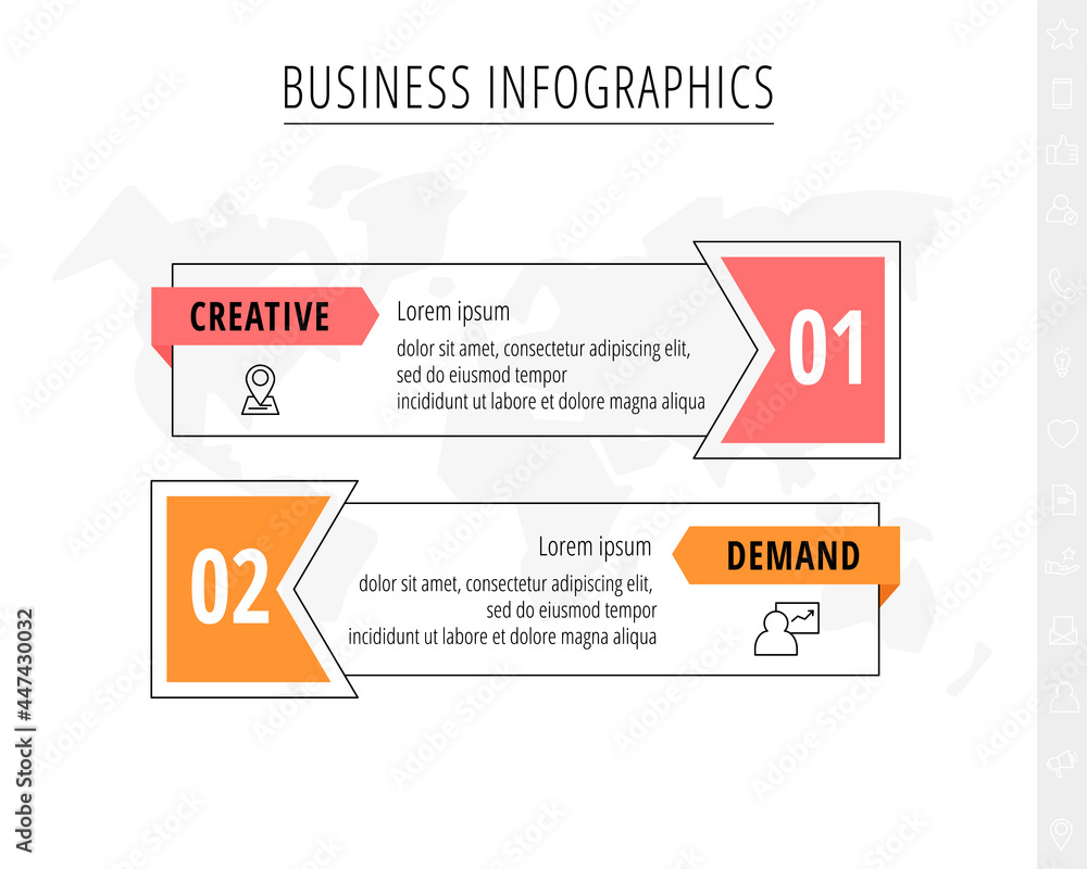 Vector 2 step line infographic with icons and labels. Modern timeline ...