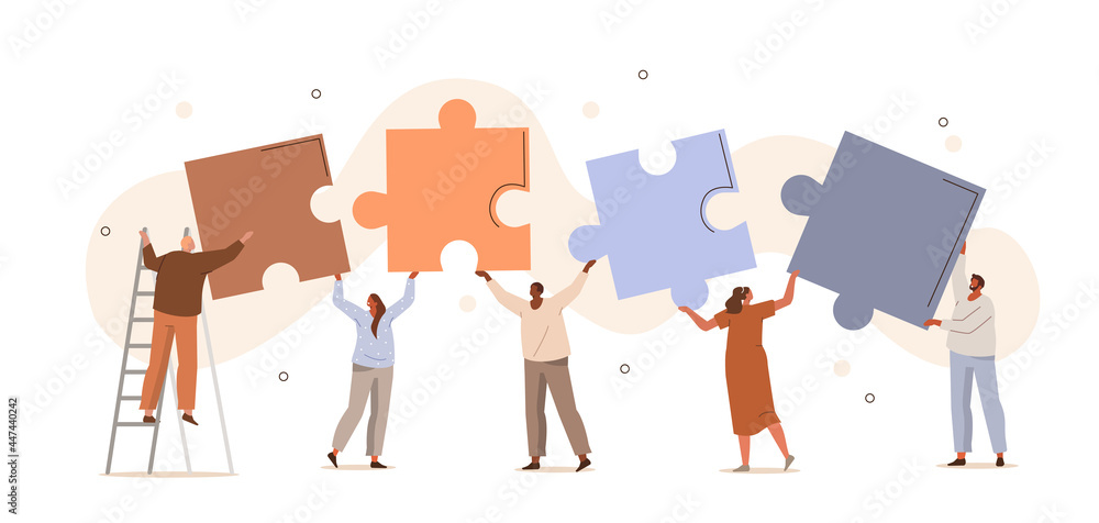 Business people working together and connecting separated puzzle pieces ...