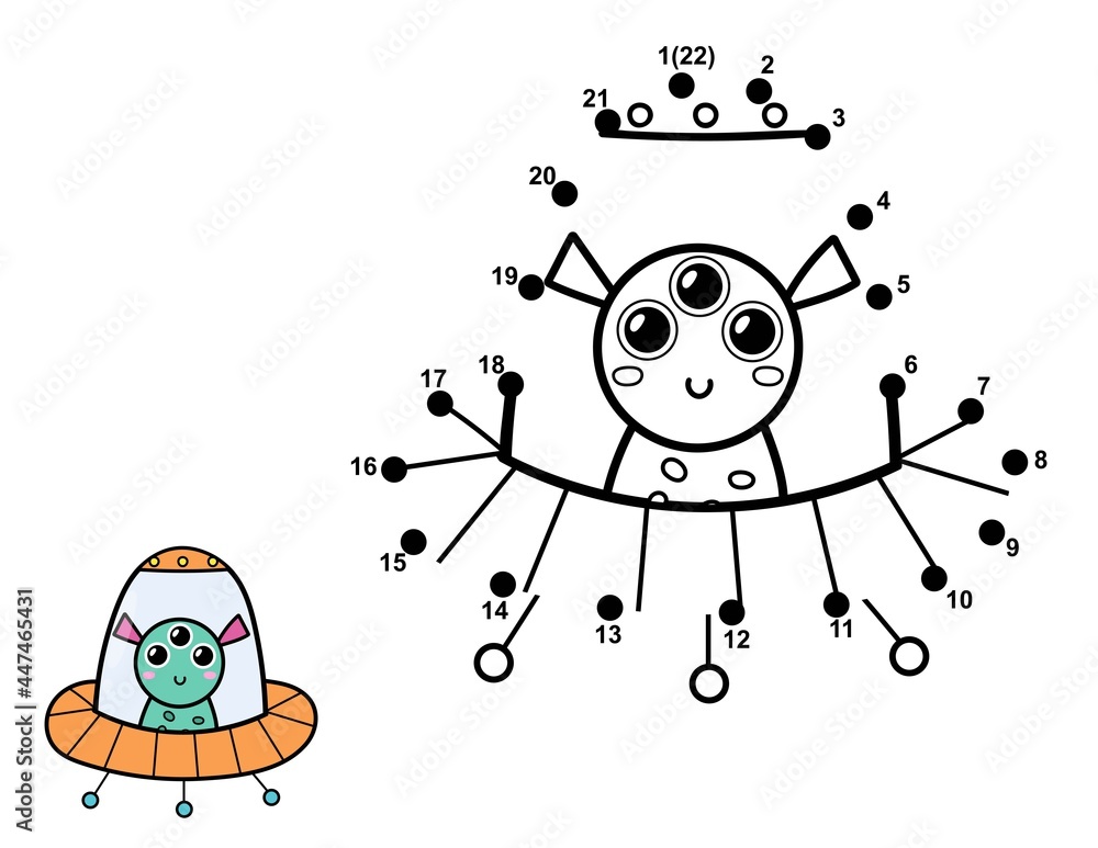 Stock-Vektorgrafik „Connect the dots and draw a cute alien in flying ...