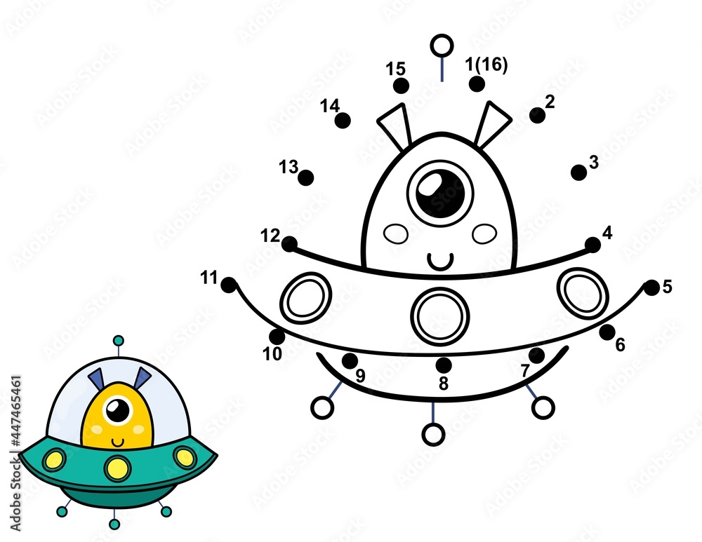 Connect the dots and draw a cute alien in flying saucer. Space dot to ...