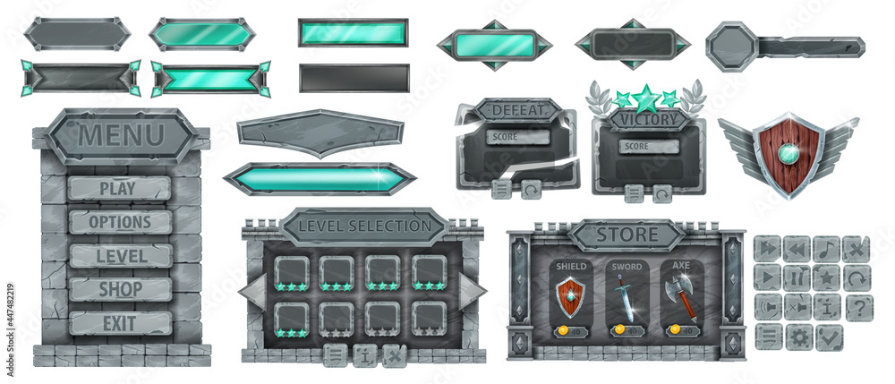 Stone fantasy game user interface set, vector UI medieval rock panel ...