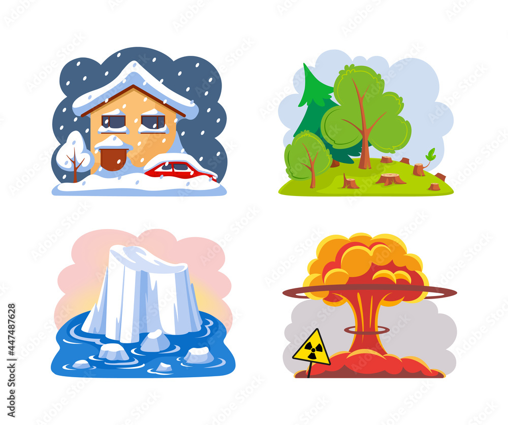 Natural disasters snowfall, deforestation, melting glaciers, nuclear ...