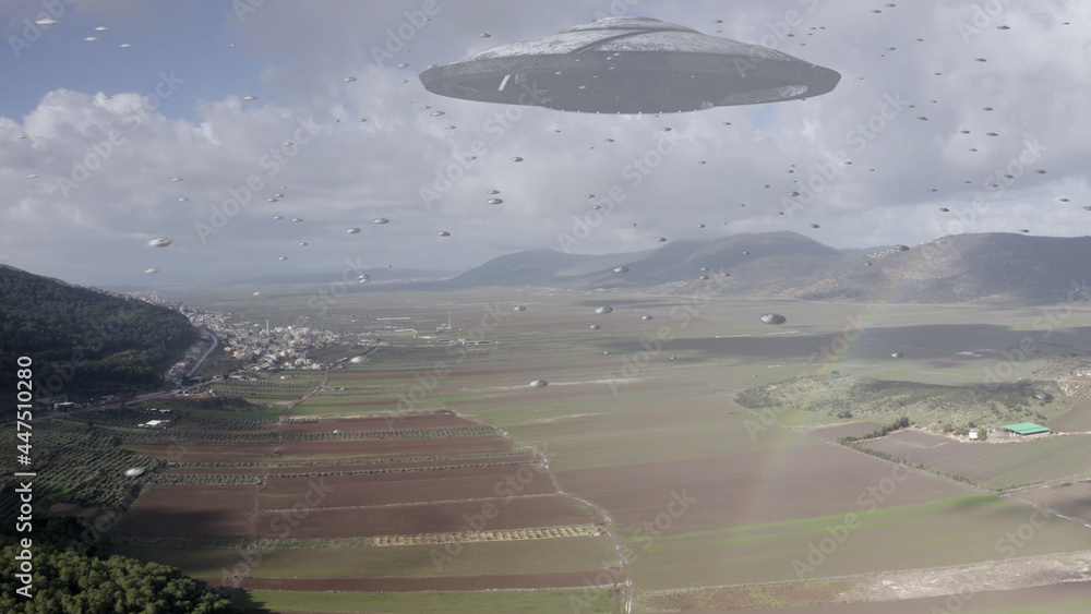 ufo's Armada fleet heading toward mother ship,aerial view Flying saucer ...