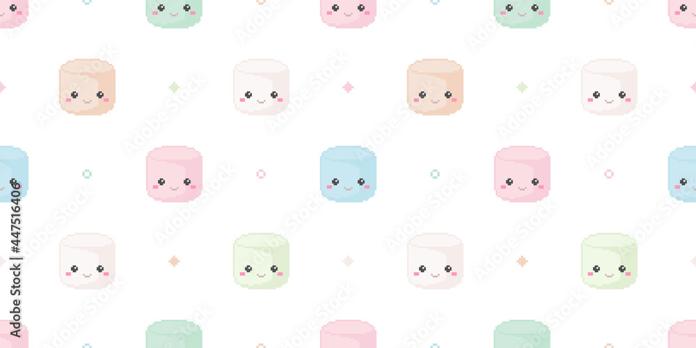 Seamless pixel art kawaii pattern with marshmallows. 8 bit colorful ...