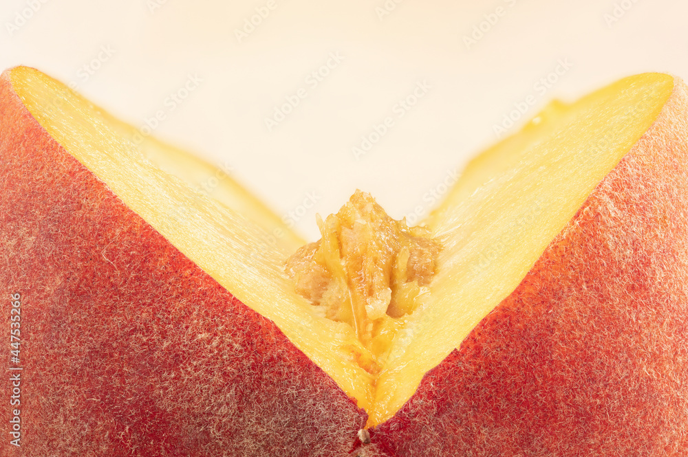 Peach with pulp and pit or kernel. Sliced peach pulp imitating the ...